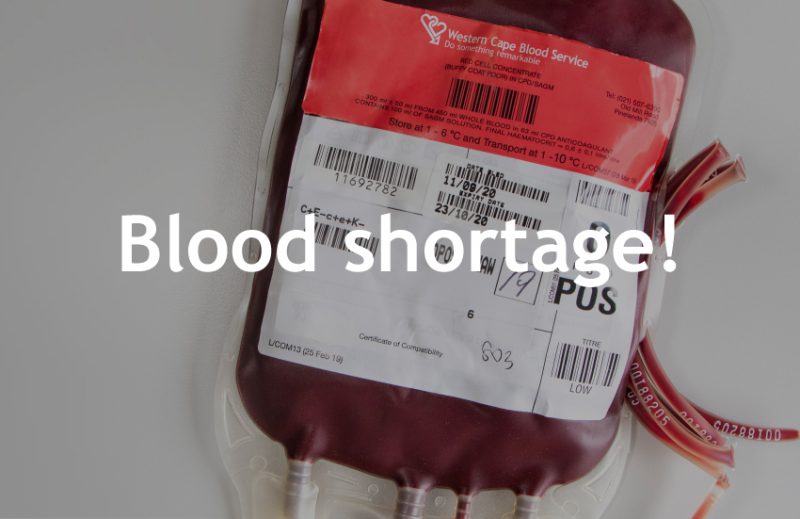 1-day O blood stock supply left in the Western Cape